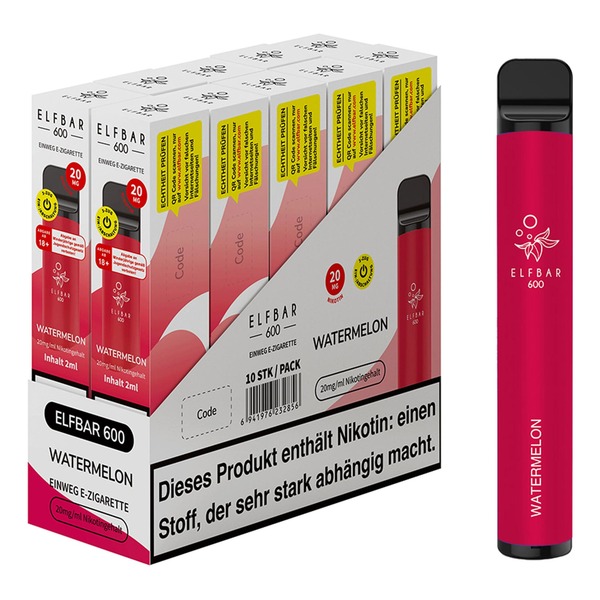 Elf Bar 600 Einweg E-Zigarette Watermelon, 2 ml, Nikotinfrei, 10er Pack ...