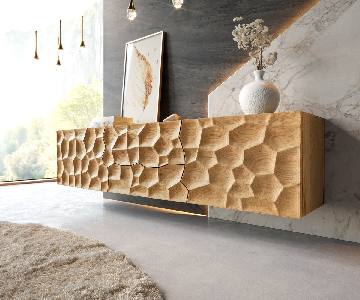 Lowboard Solu 175 cm Eiche Natur 2 Türen 2 Schübe schwebend 3D-Front ...