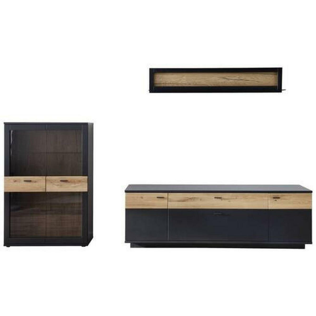 Novel Wohnwand, Grau, Schwarz, Wildeiche, Metall, Wildeiche, furniert, massiv, 2 Schubladen ...