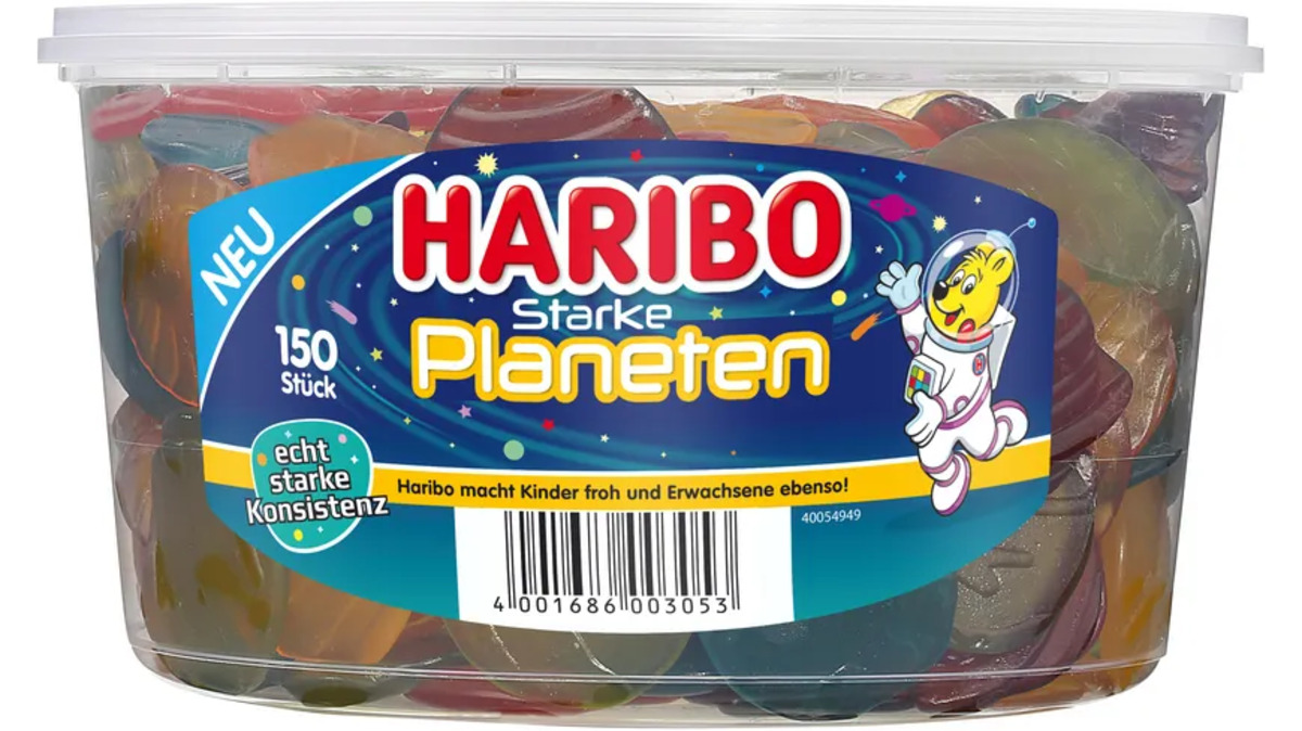 Haribo Fruchtgummi Starke Planeten Runddose von Müller ansehen!